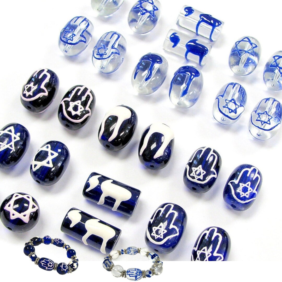 Hanukkah Beads for Bracelet Making, Jewish Glass Beads Bulk, Blue White ...