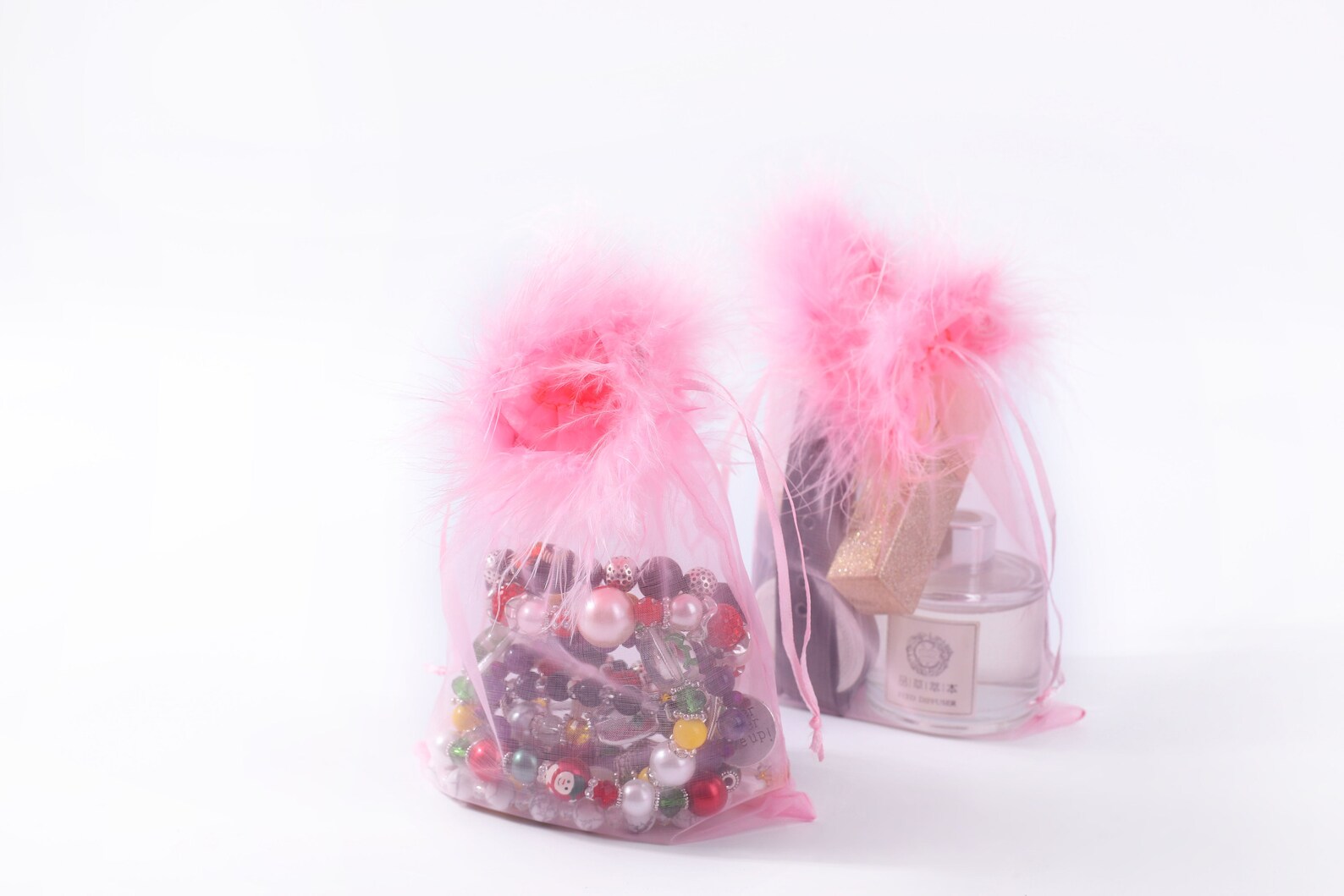 Organza Bags Drawstring Feather Pouches Feather Fur Trimmed - Etsy