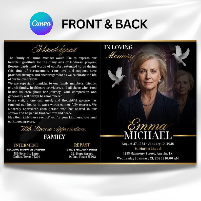 Black Gold Funeral Program Template 8 Page | Canva Editable Obituary ...