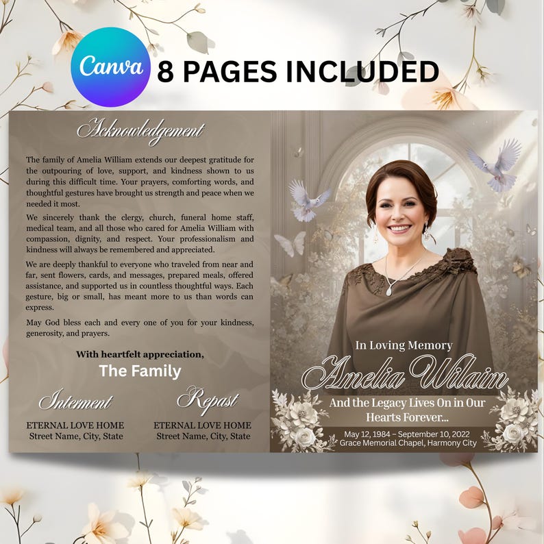 Mocha Brown Funeral Program Template Women 8 Page | Canva Editable ...