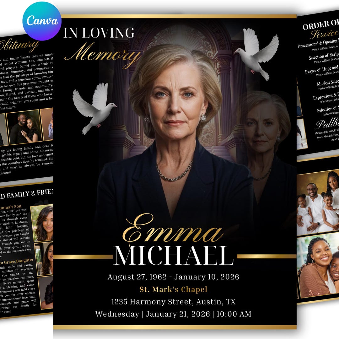 Black Gold Funeral Program Template 8 Page | Canva Editable Obituary ...