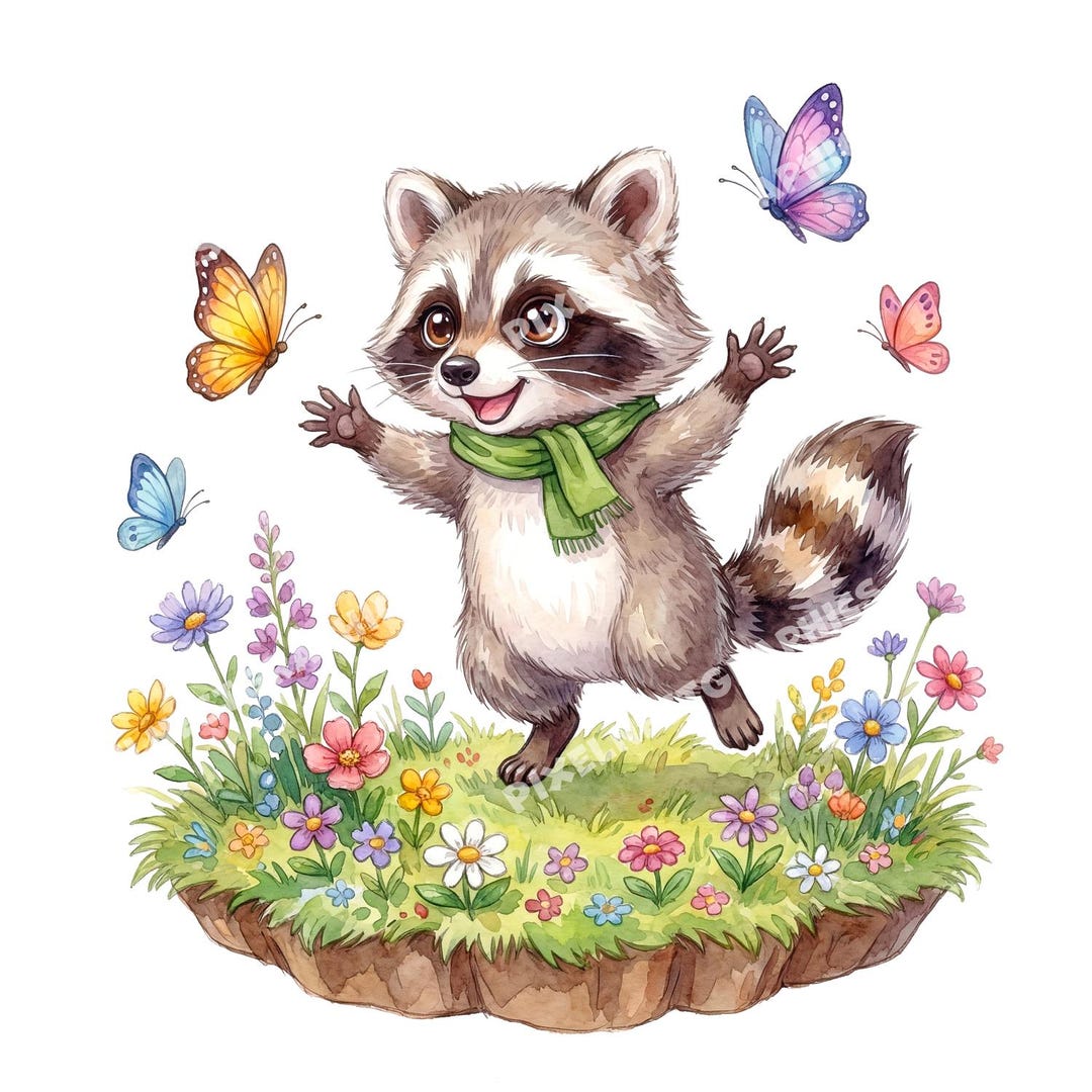20 Spring Raccoon Clipart Bundle, Woodland Raccoon With Flowers ...