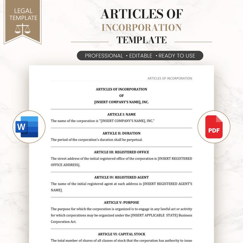 Articles of Incorporation Template | USA Corporation Formation Document ...
