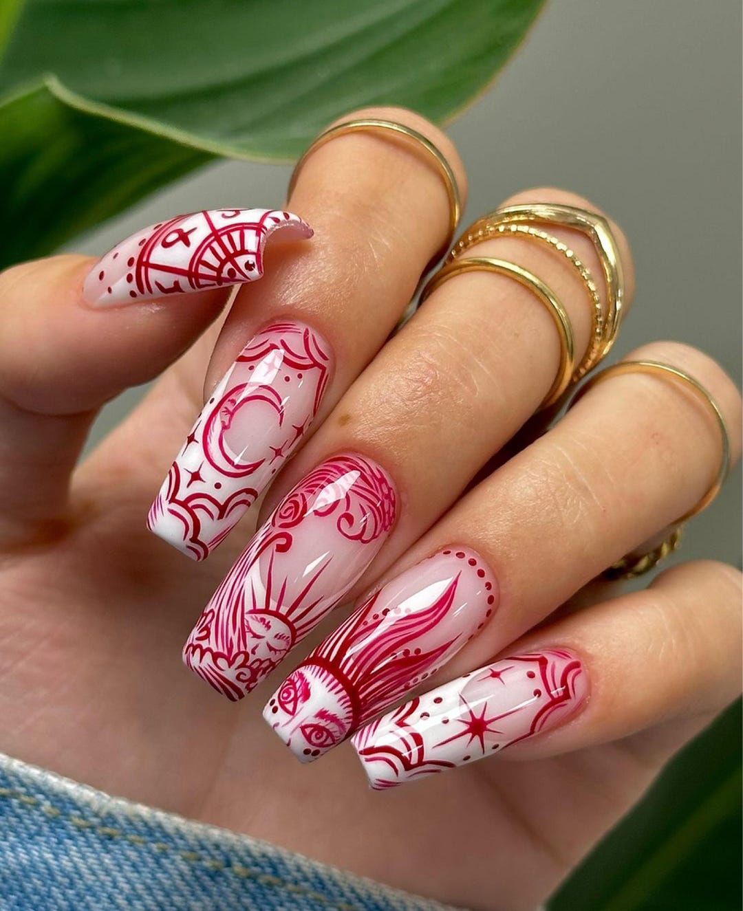 Boho-chic Floral Press on Nails Red and Gold Artistic Nails Hand ...