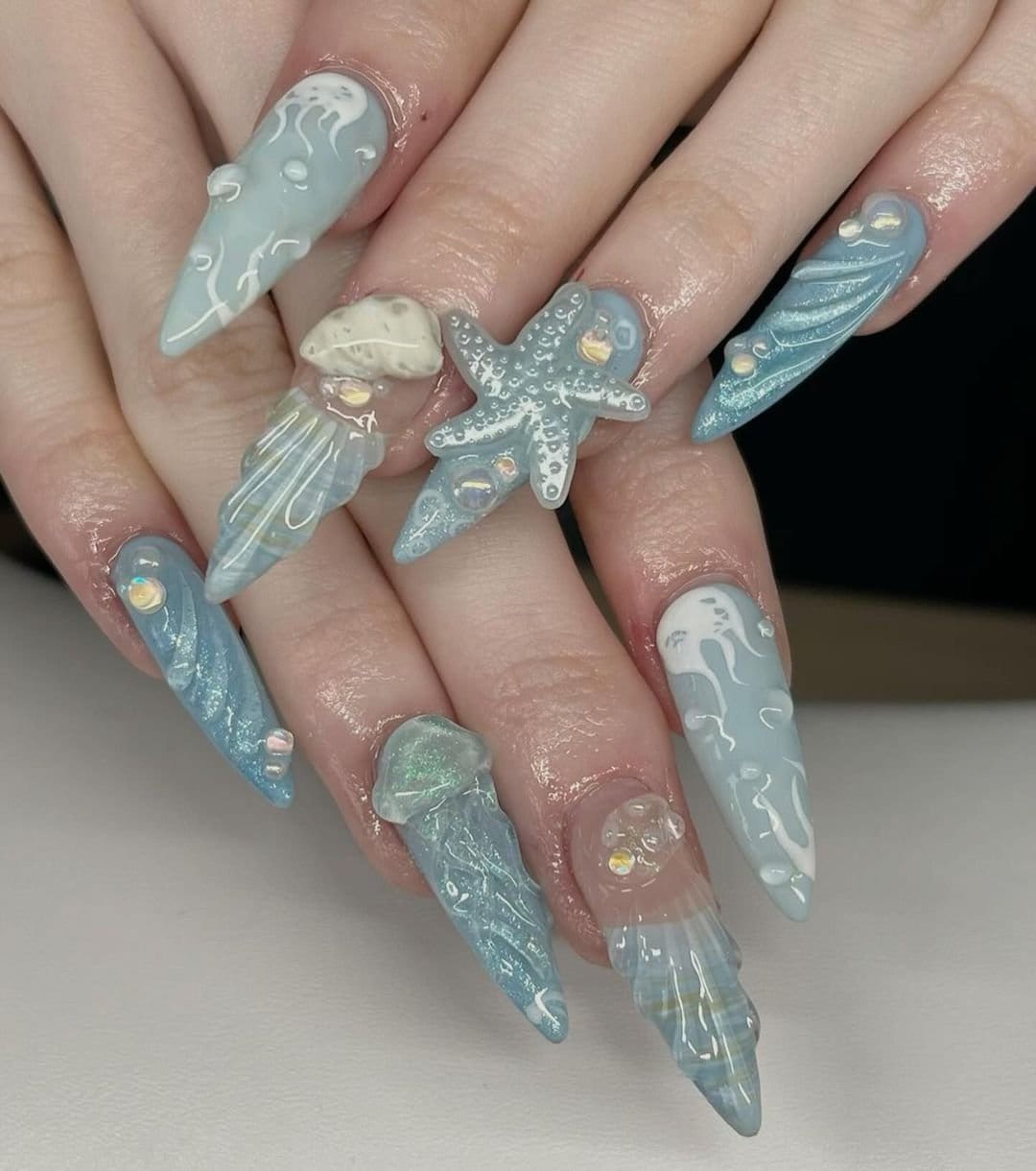 Sea-inspired Press on Nails Nautical Fantasy Acrylic Nails Mermaid Vibes Press Ons Hand-painted ...
