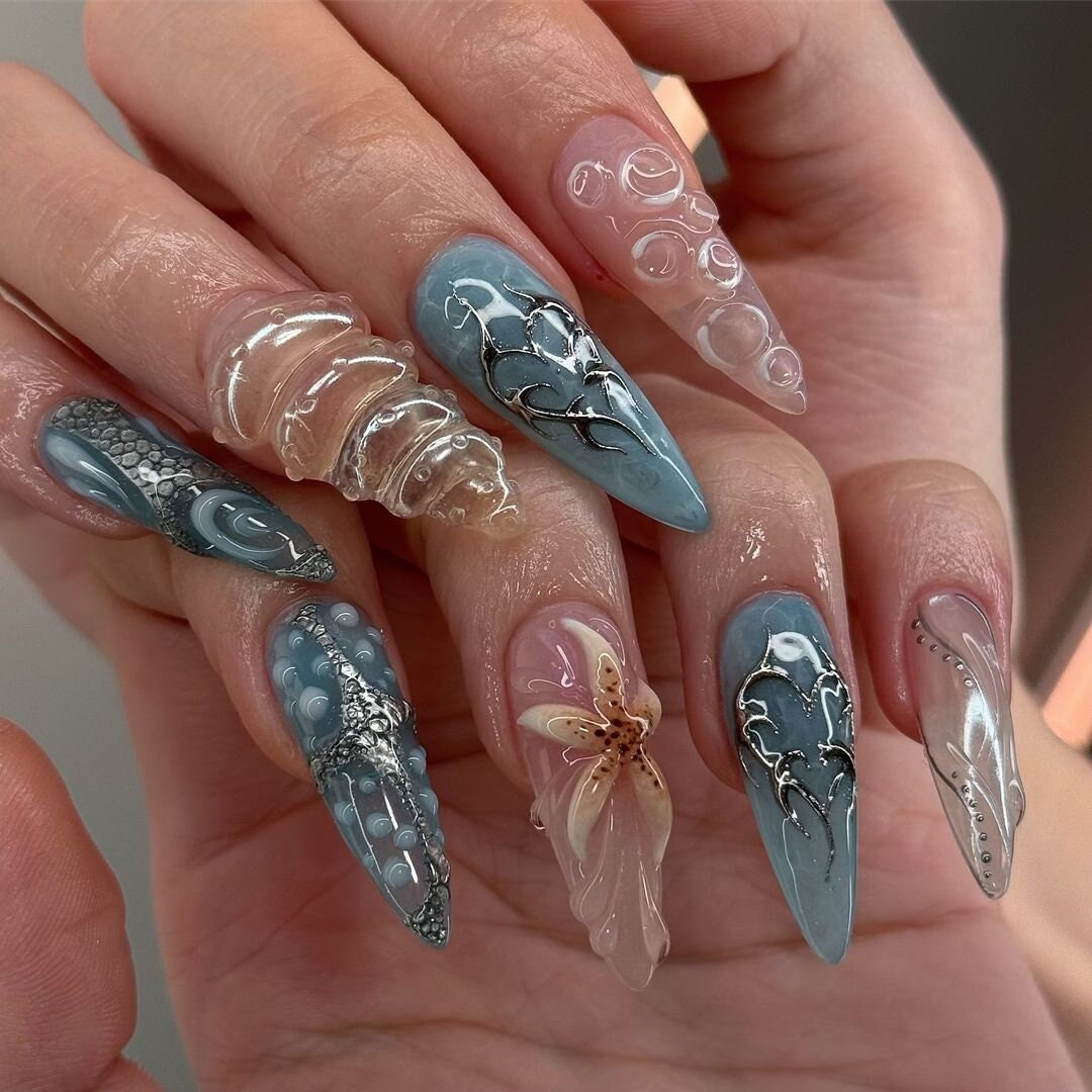 Underwater Fantasy Press on Nails Sea Creature Acrylic Nails Oceanic ...