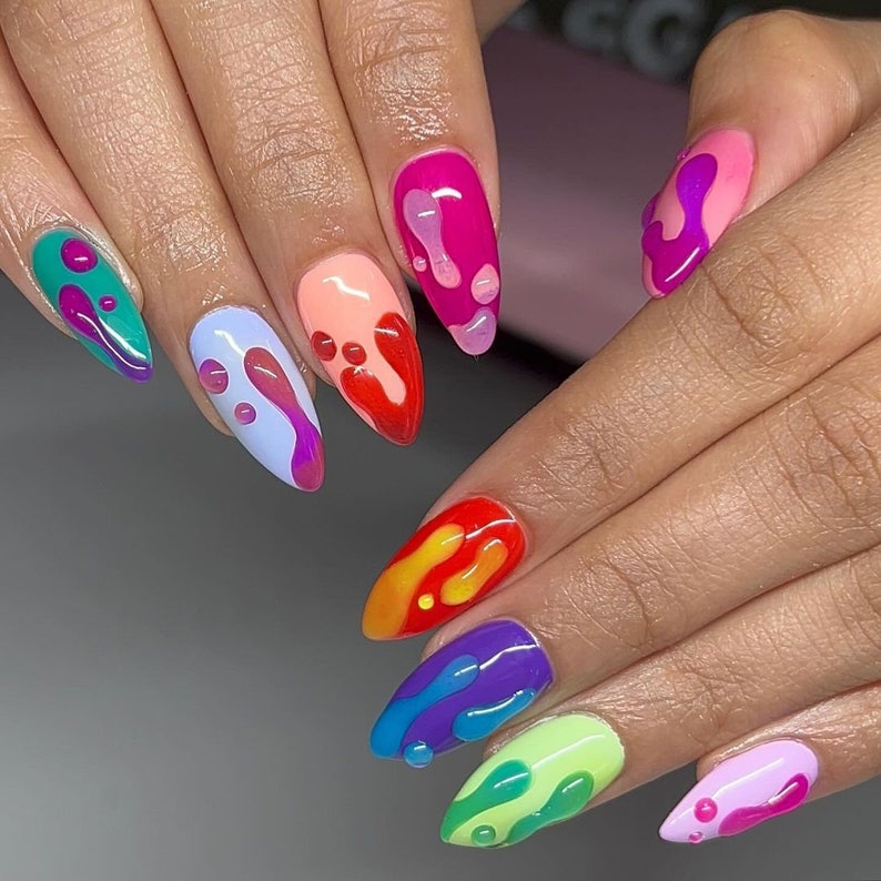 Vibrant Rainbow Drip Press on Nails Bold and Bright Nail Art Colorful ...