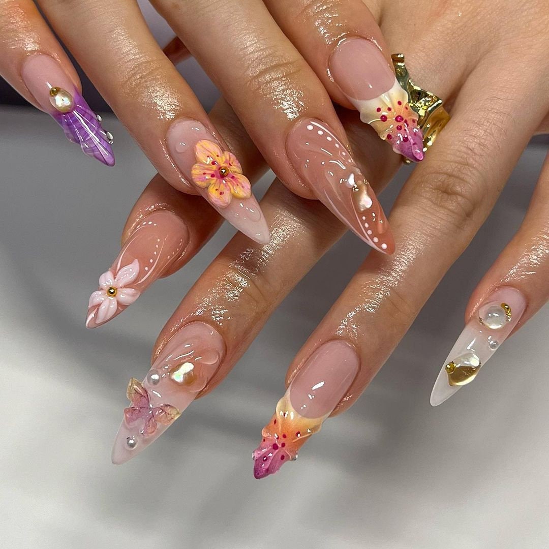 Spring Blossom Press on Nails Garden Elegance Nail Art Floral and Pearl ...