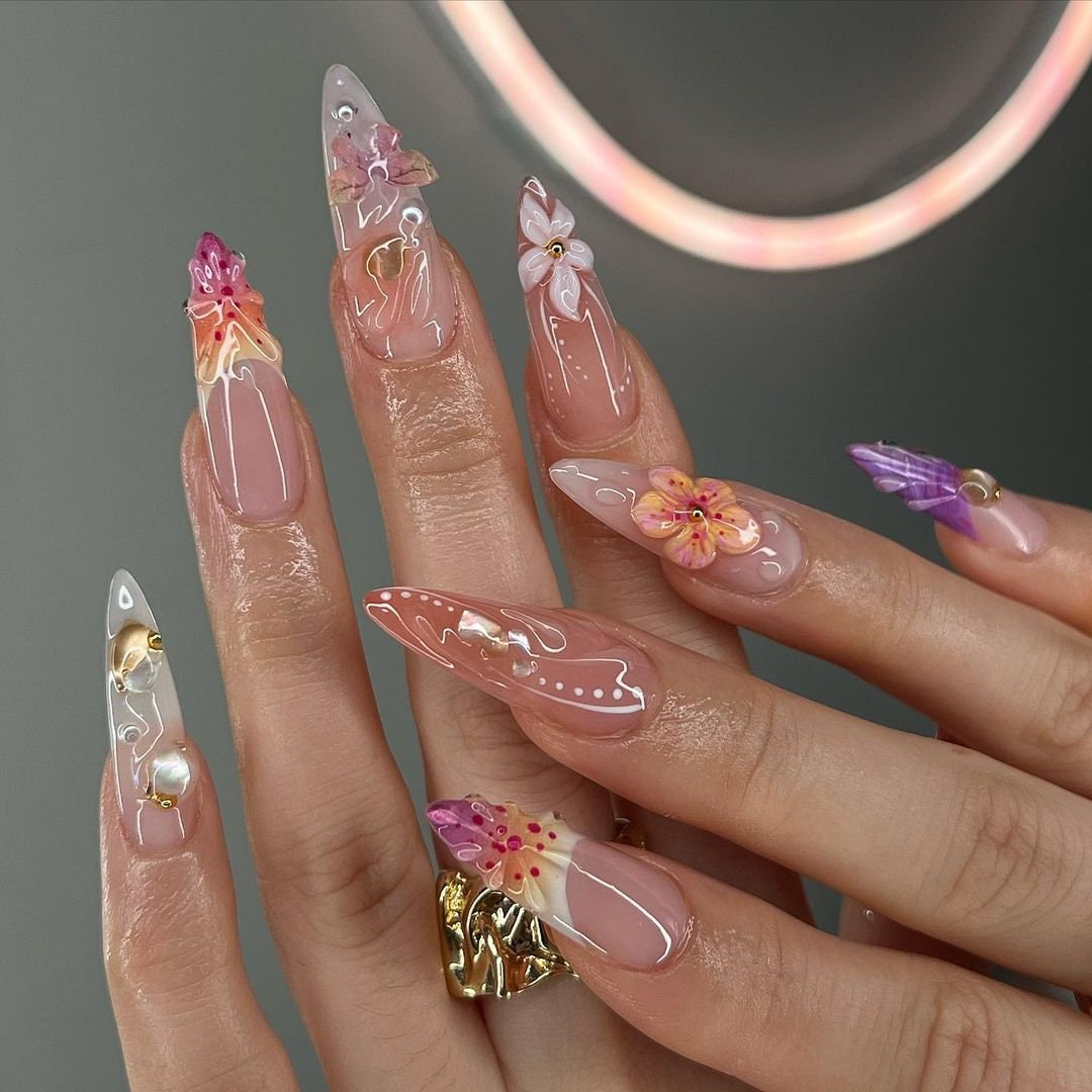 Spring Blossom Press on Nails Garden Elegance Nail Art Floral and Pearl ...