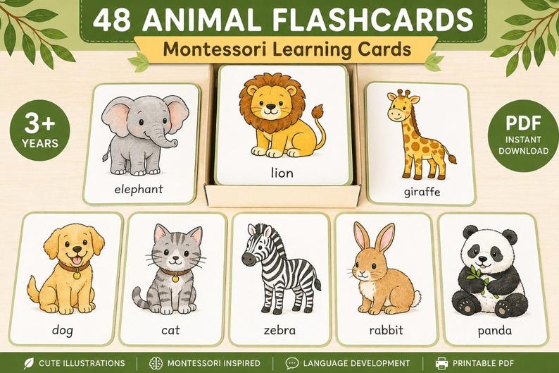 48 Animals Montessori Flashcards Printable PDF | Toddler Learning ...