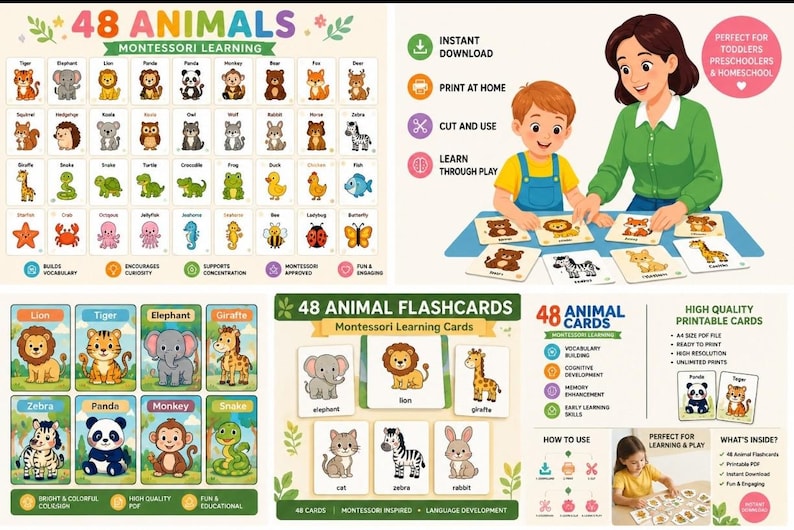 48 Animals Montessori Flashcards Printable PDF | Toddler Learning ...