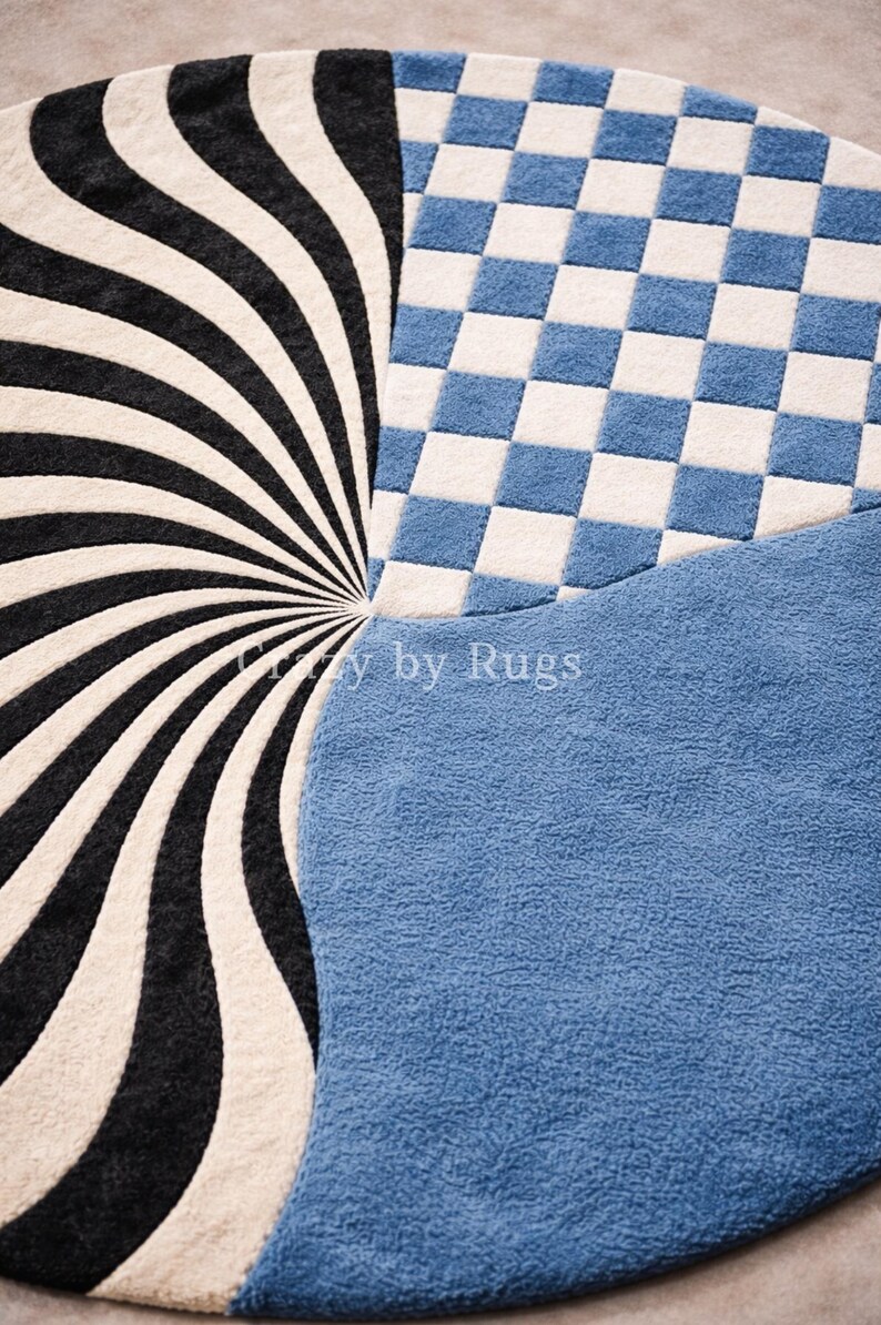 Modern Abstract Round Rug | Black White Spiral Rug | Blue Checker Rug ...