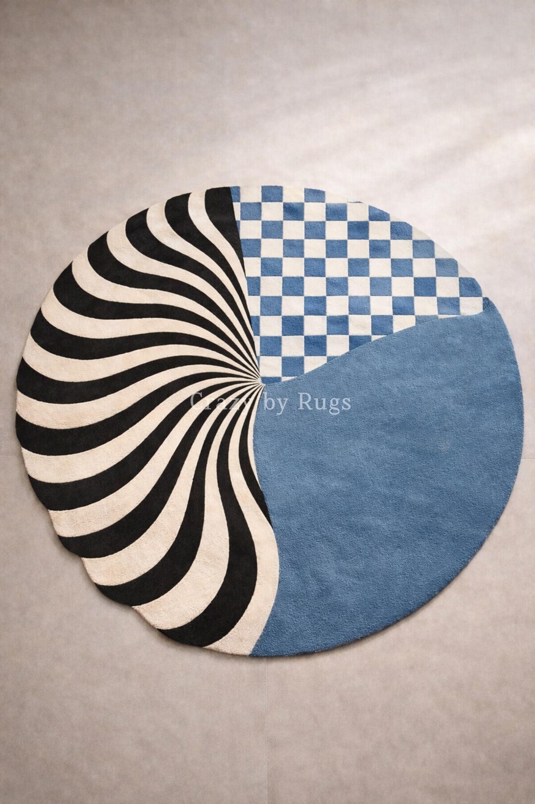 Modern Abstract Round Rug | Black White Spiral Rug | Blue Checker Rug ...