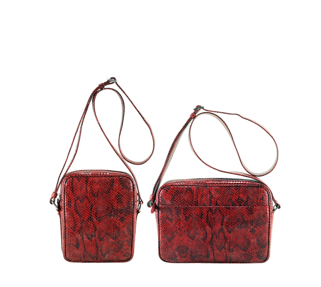 Handmade Leather Crossbody Bag in Red Burgundy, Python Snake, Patent ...