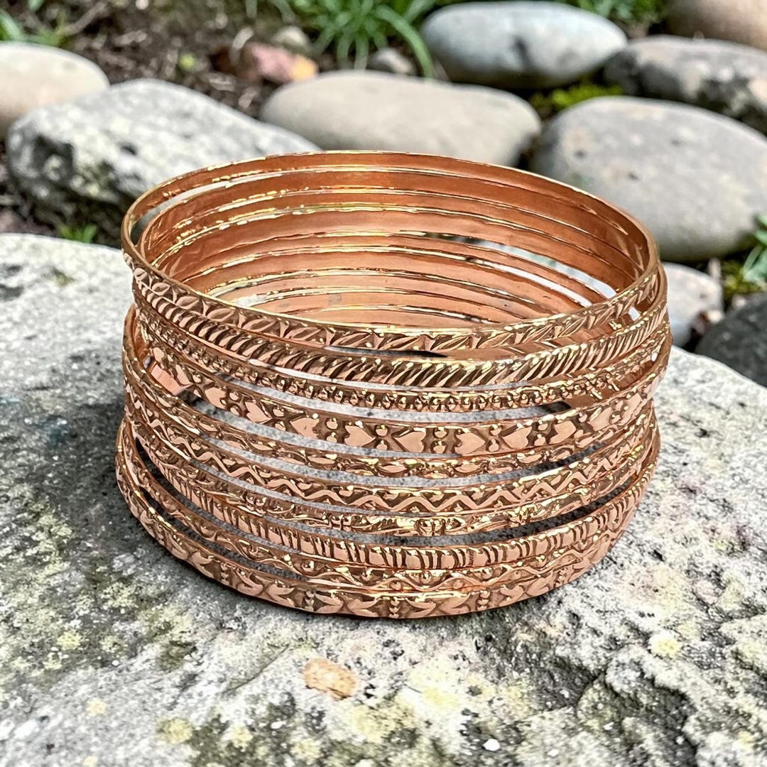 Set of 10 Handmade Copper Bangles, Intricate Boho Stacked Jewelry ...