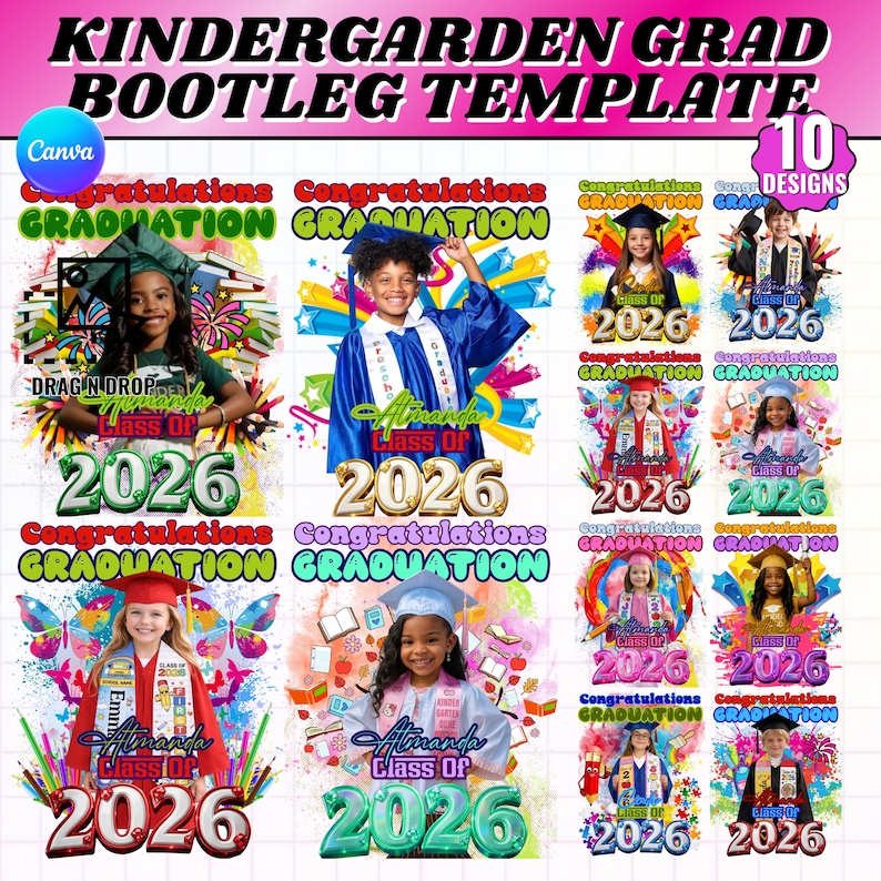 12x Kindergarten Grad Bootleg Template Bundle | 10 Canva Designs ...