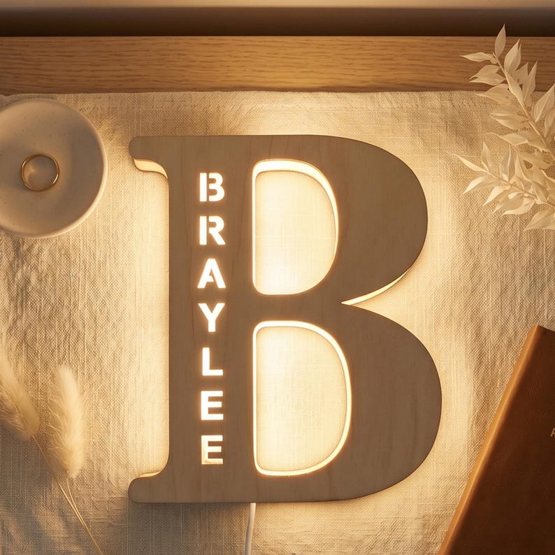 Personalized Name Night Light, Custom Alphabet LED Lamp, Wooden Night ...
