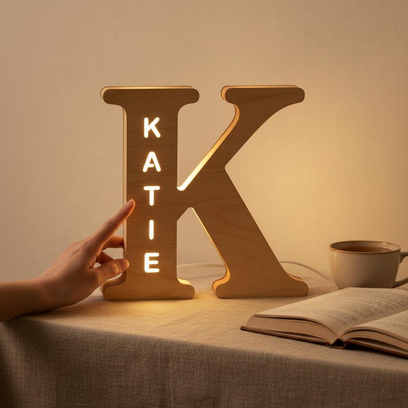 Personalized Name Night Light, Custom Alphabet LED Lamp, Wooden Night ...