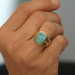 14K Solid Gold Turquoise Ring for Men, Large Wide Genuine Turquoise ...