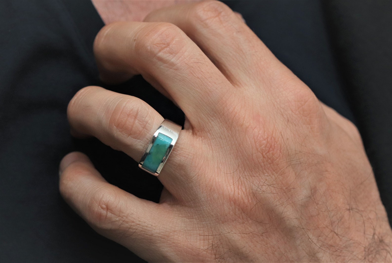 Genuine Silver & Turquoise Thin Ring for Men, Feroza Stone Navajo Ring ...