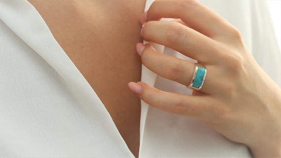 Women Genuine Turquoise Ring 925 Sterling Silver Ring for Women With Turquoise Gemstone Delicate Fine Wide Bohemian Women Ring Etsy