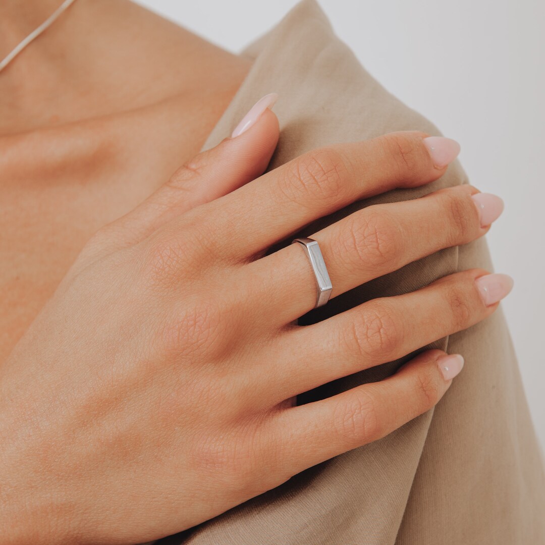 14K White Gold Thin Bar Ring, Solid Gold Flat Top Ring, Modern Trendy ...