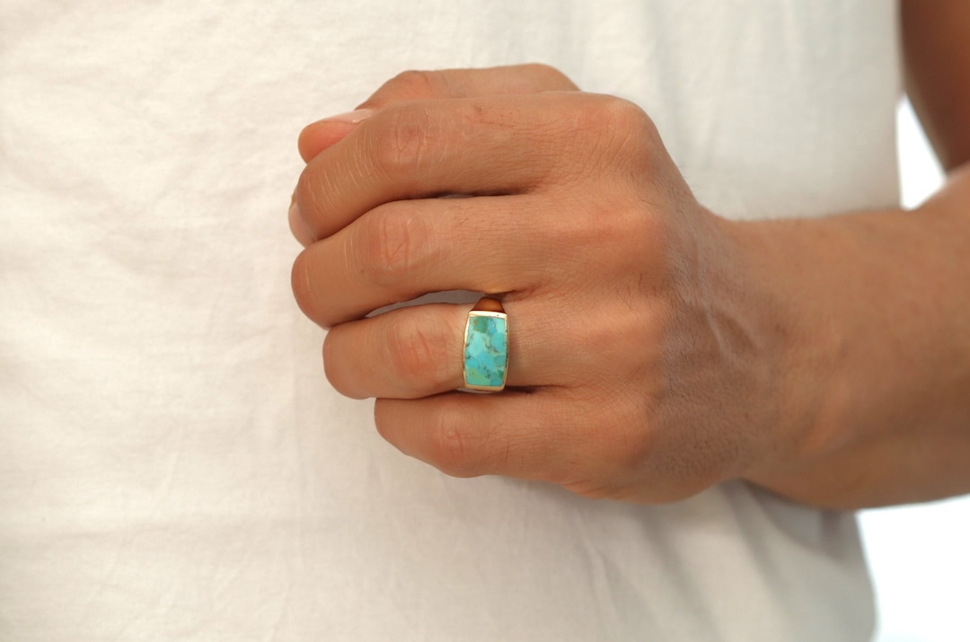 Gold Turquoise Ring for Men, Wide Gold Plated (over Silver) Signet Ring ...