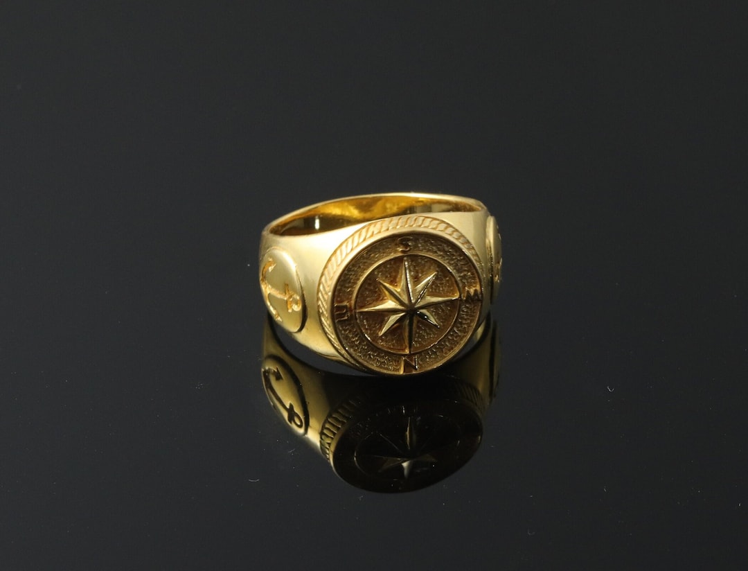 14K Solid Gold Compass Ring: Chunky Signet, Nautical Viking Style - Etsy