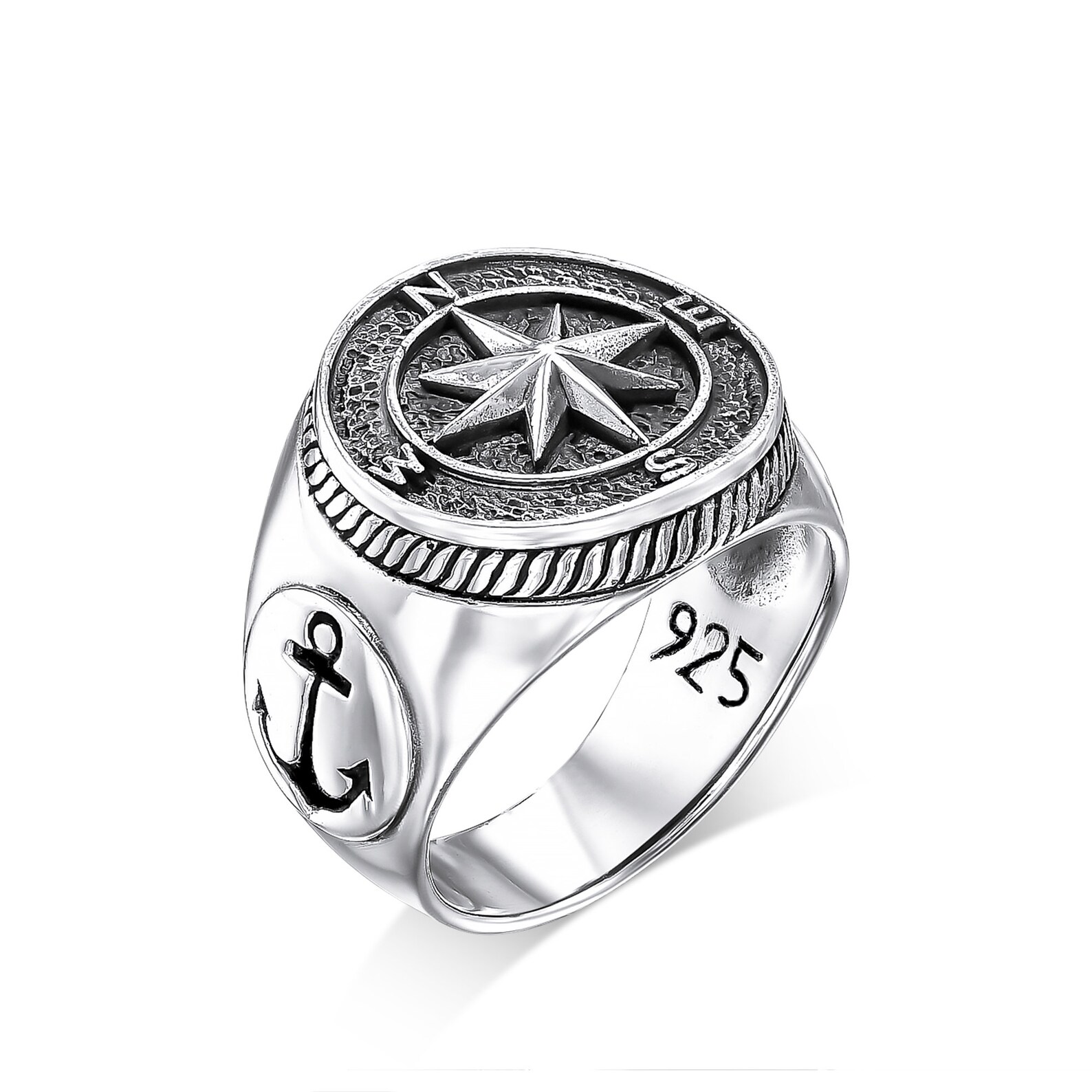 Compass Rose Ring Mens Signet Ring Silver Compass Signet - Etsy