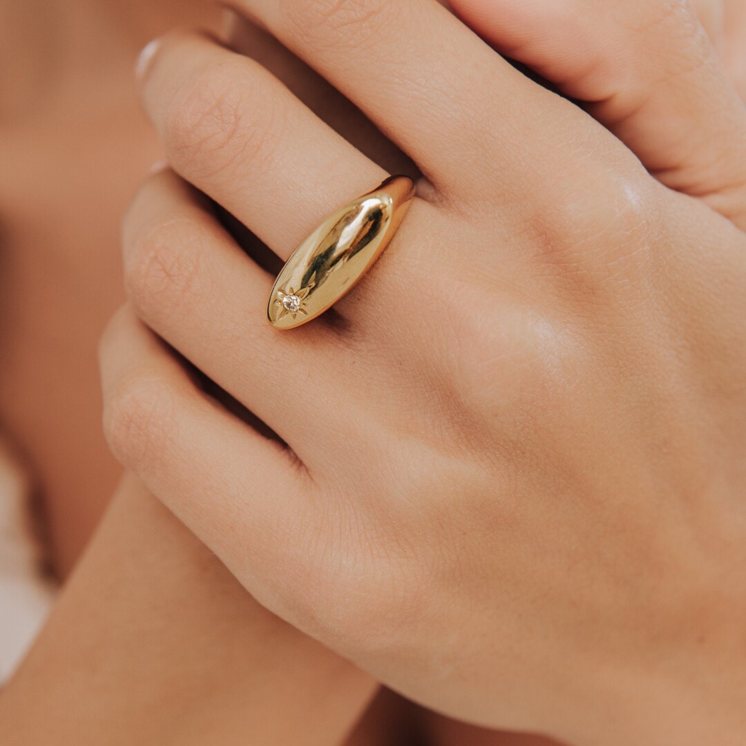 14K Gold Diamond Starburst Signet Ring: Boho Oval Statement Ring - Etsy