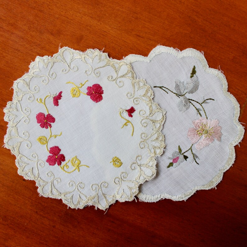 Vintage Linen Doily Society Silk Embroidery Coasters Two Linen | Etsy