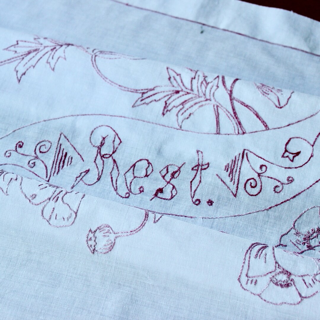 Vintage Linen Redwork Embroidery Pillow Overlay REST Antique Red Cloth ...