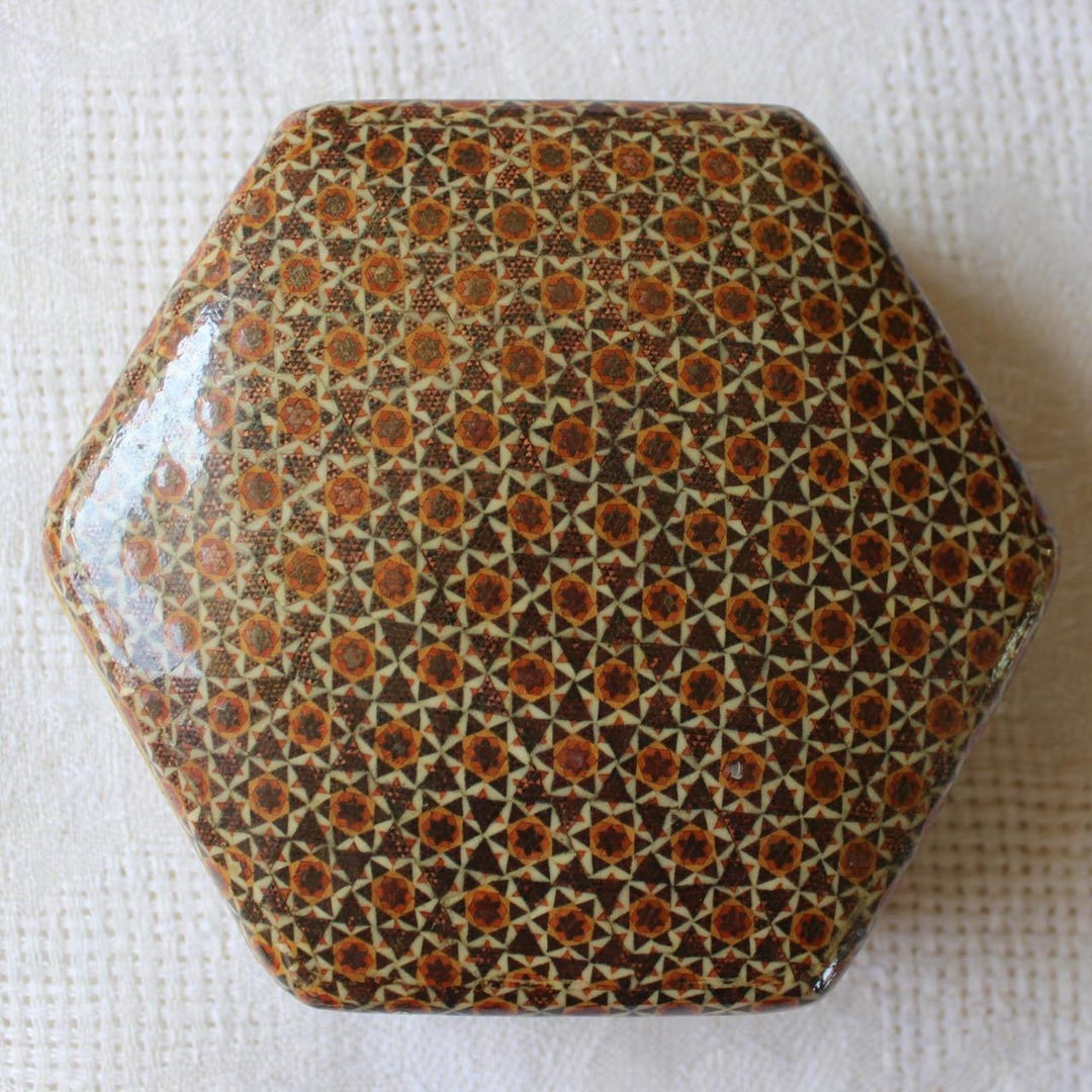 Vintage Khatam Micro Mosaic Box Six Sides Hexagon Lidded Persian Copper ...