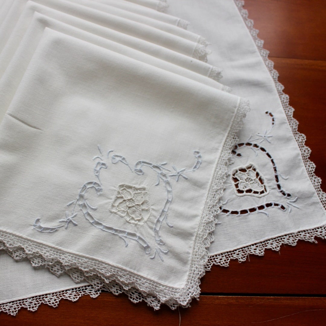Vintage Linen Napkins Cutwork Embroidery 12 Filet Lace Point De Venise ...