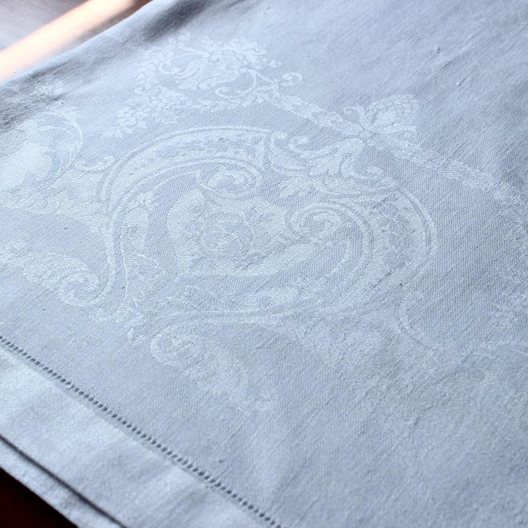 Vintage Linen Tablecloth Damask White Hemstitched Spirals Swirls 68 54 ...
