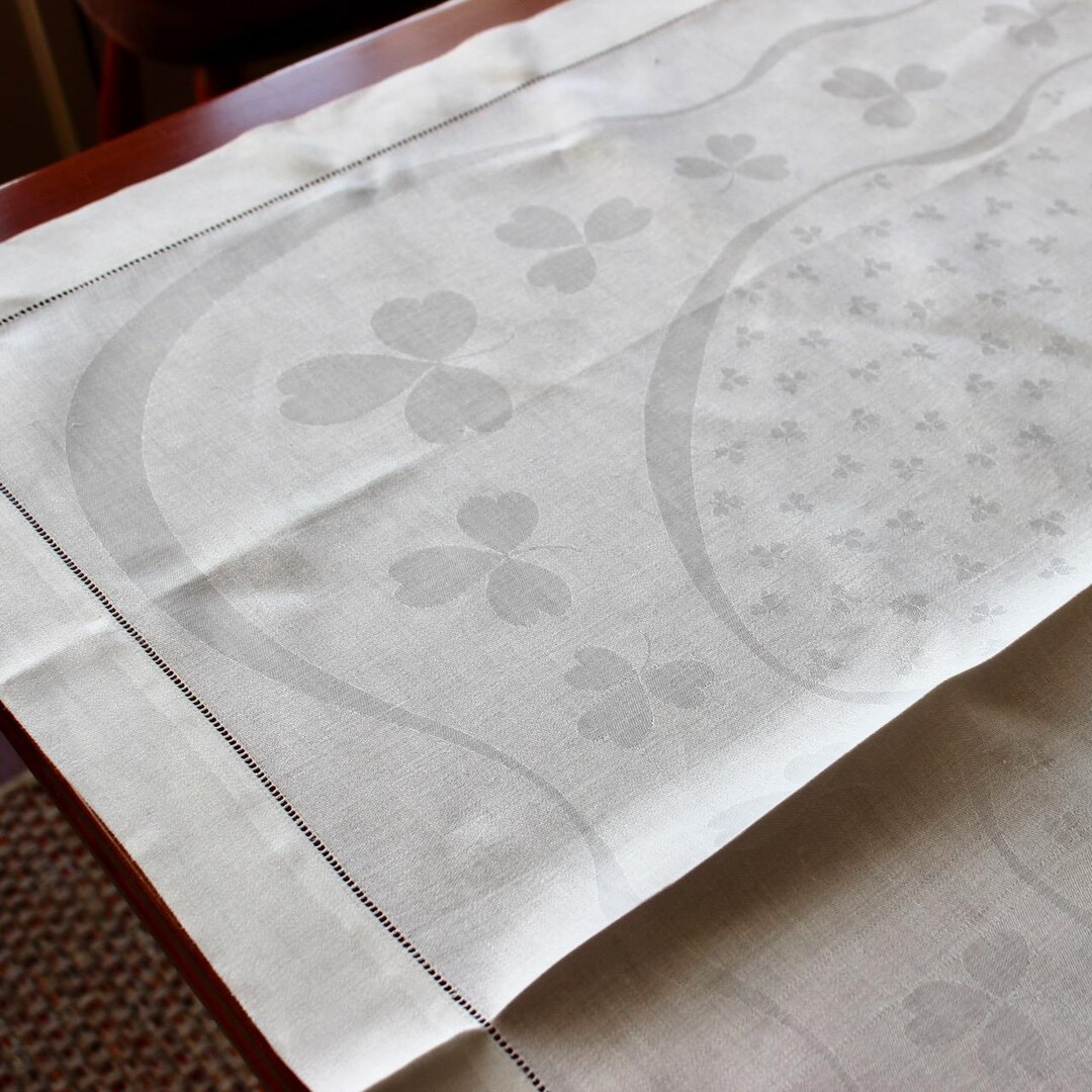 Vintage Linen Damask Tablecloth Topper Shamrocks Square White ...