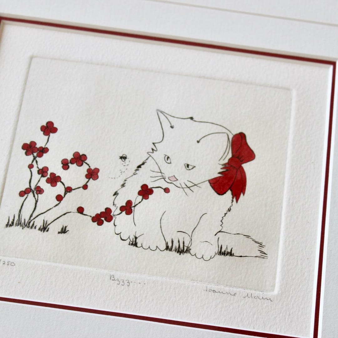 Vintage Art Print Kitty Cat Hunting Bug Bee Bzzz. . . Framed Numbered ...