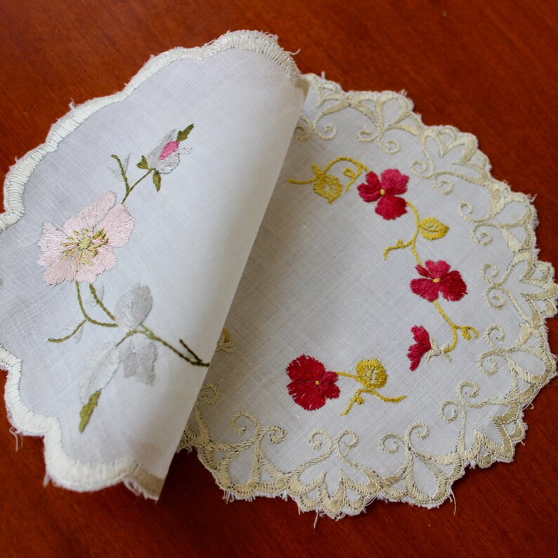 Vintage Linen Doily Society Silk Embroidery Coasters Two Linen | Etsy