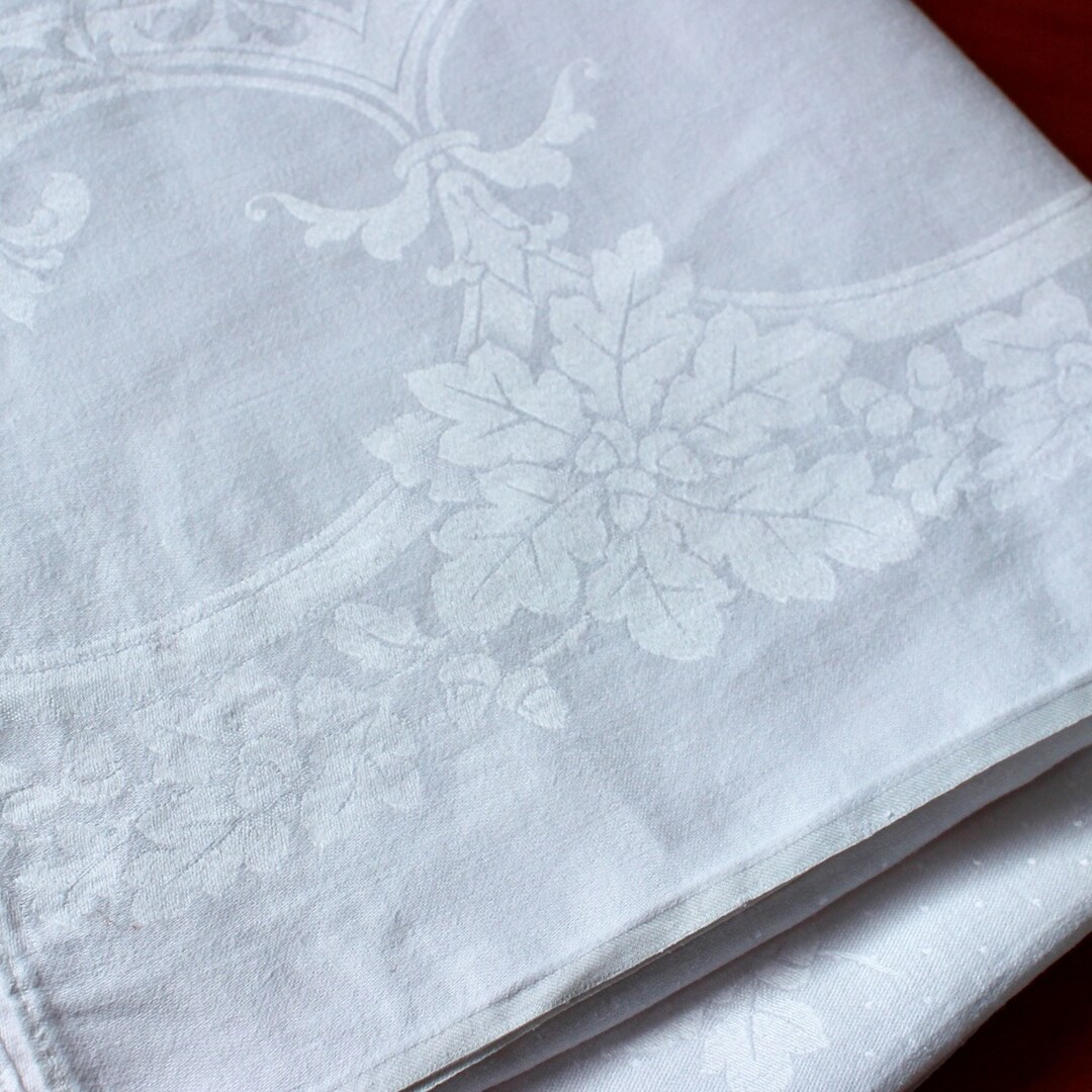 Vintage Linen Tablecloth Damask Table Cloth White 54 X 48 Oak Acorn ...