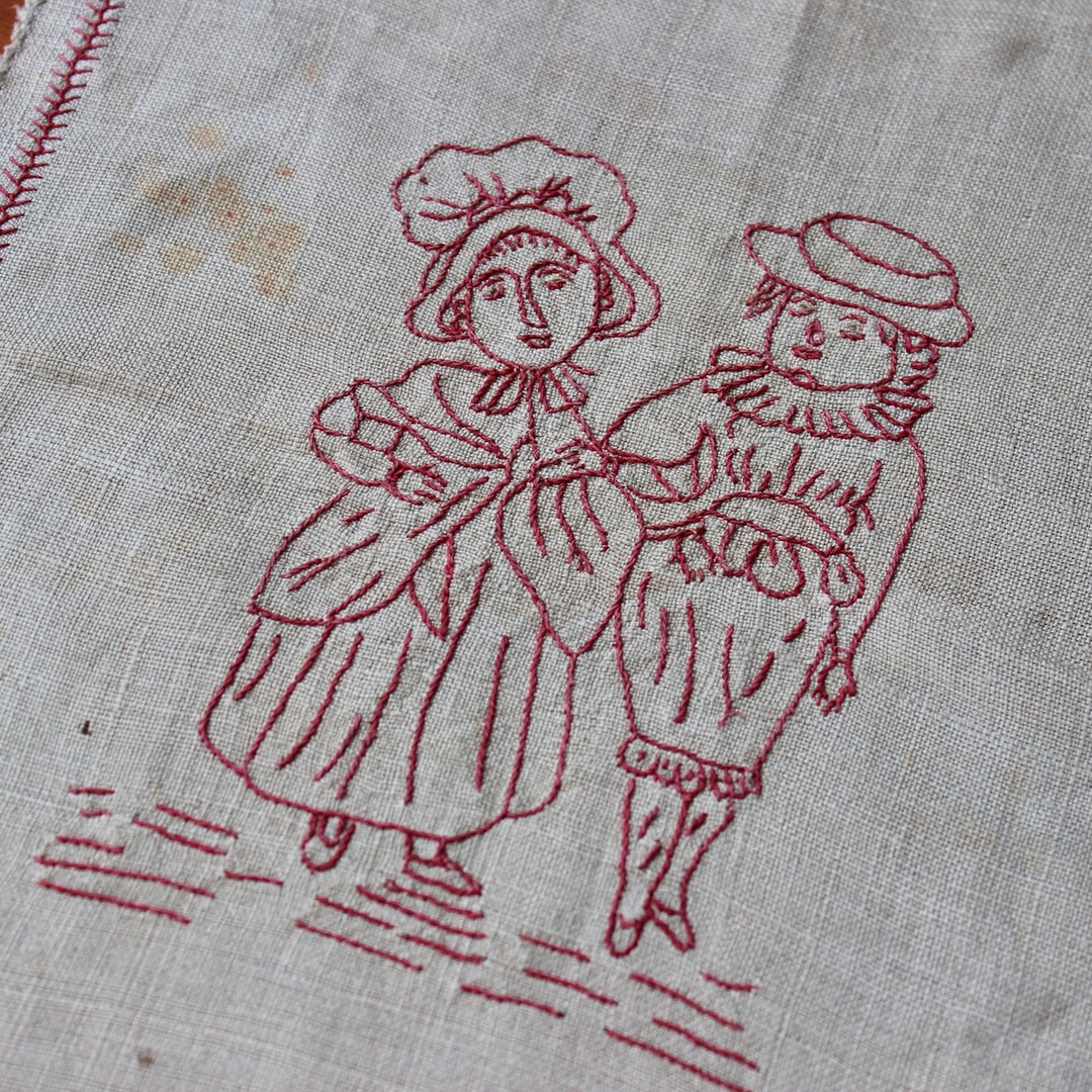Antique Vintage Linen Redwork Hand Embroidery Turkey Red Quilt Block ...