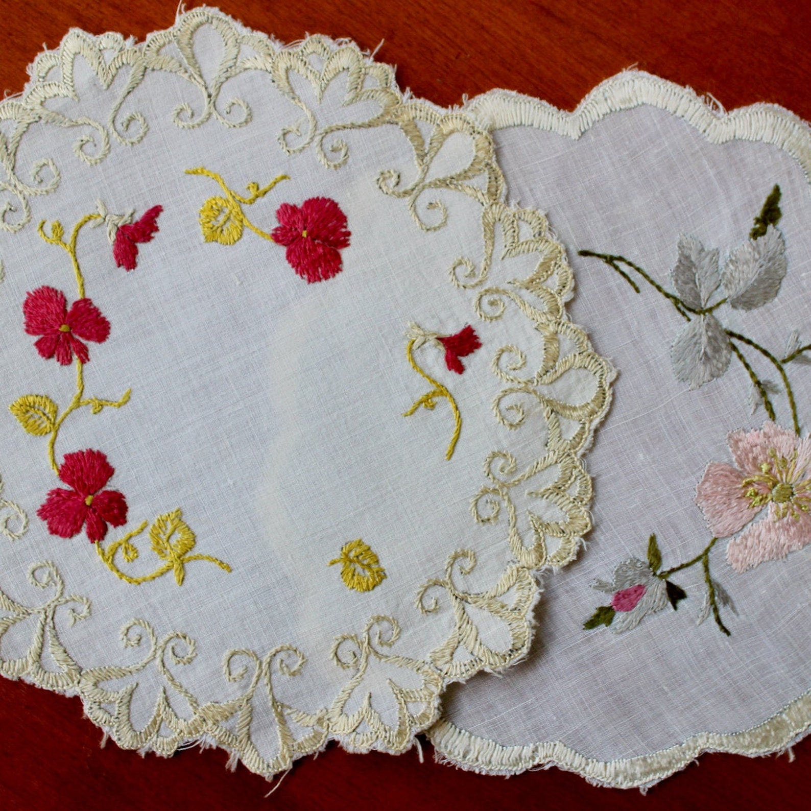 Vintage Linen Doily Society Silk Embroidery Coasters Two Linen - Etsy
