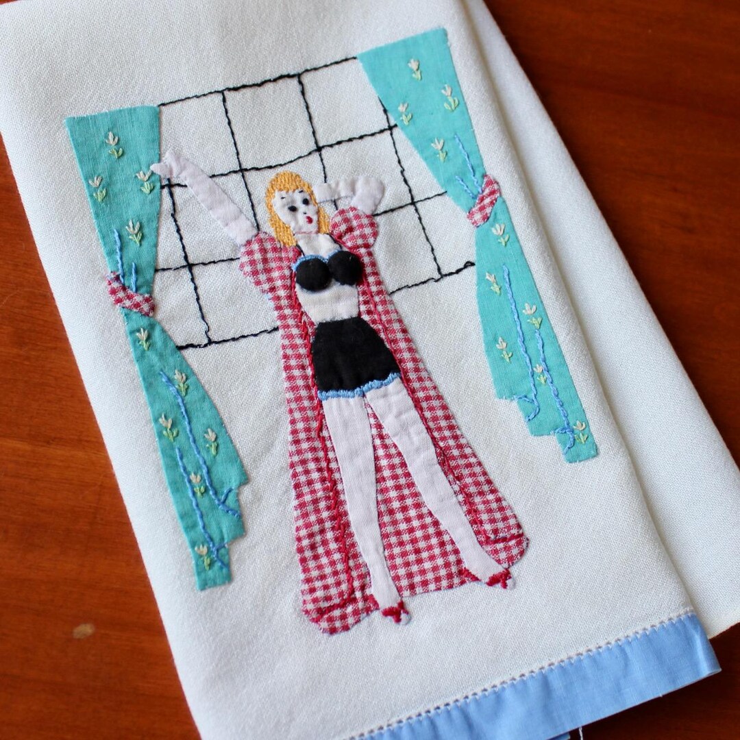 Vintage Linen Towel Applique Embroidery Risque Madeira Padded Breasts ...