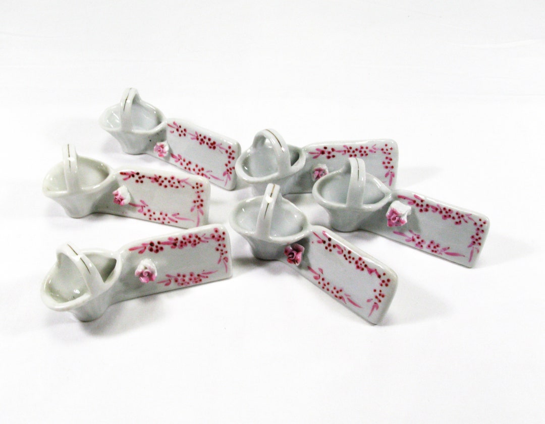Set of Six French Ceramic Knife Rests With Their Own Pretty Basket Salt ...