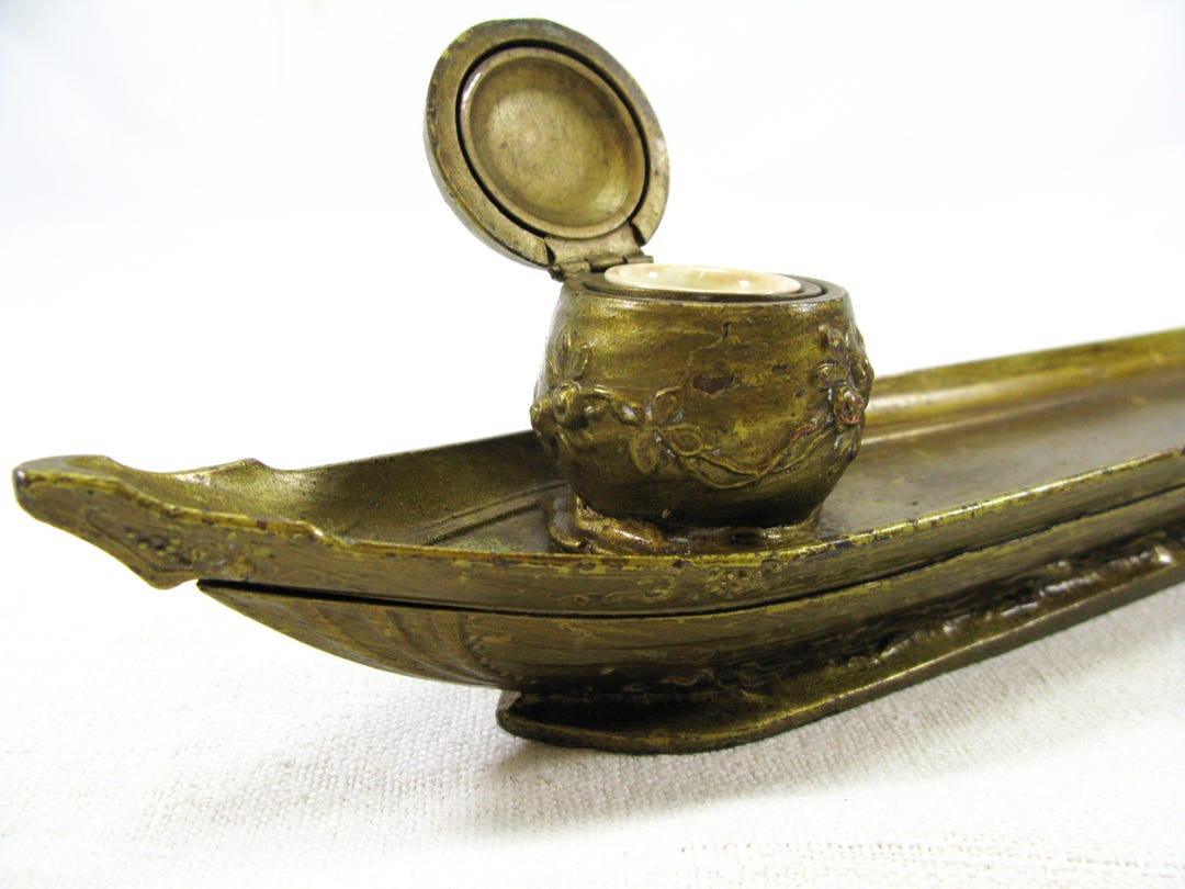 Polynesian Style Canoe Inkwell Canoe Inkwell,inkstand, Frence Bronze ...