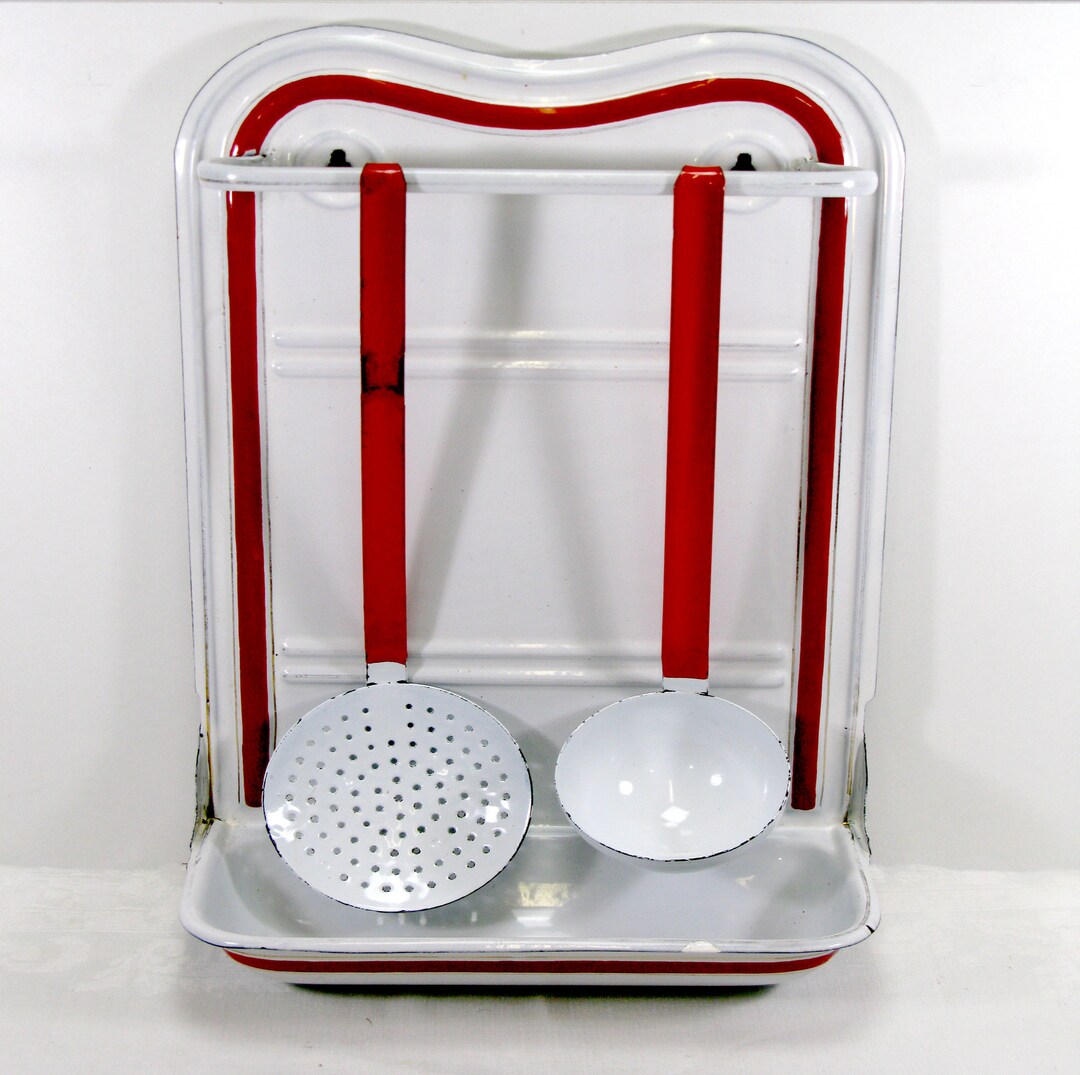 Steel & Enamel French Utensils, Utensils With Wall Hanging Drip Tray ...
