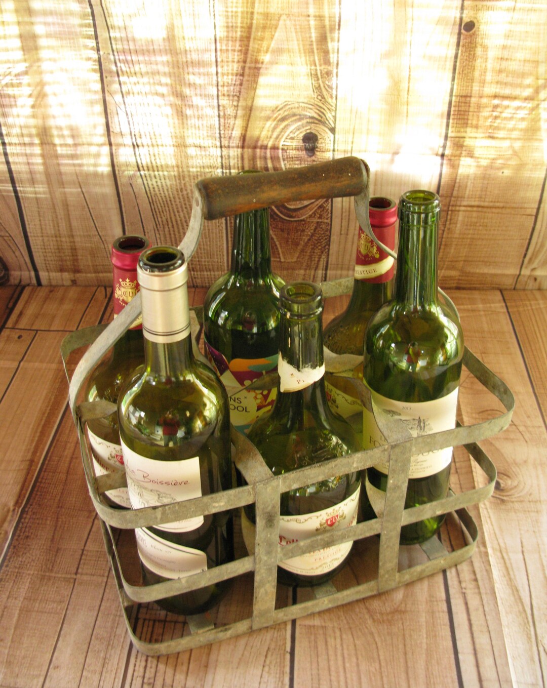 Antique French Metal Bottle Carrier, Wooden Handle Carrier, Bottle ...