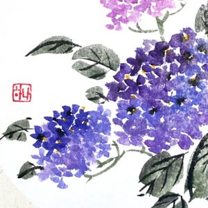 Original Korean Sumi-e Painting of Blue Purple Hydrangea, Unique ...