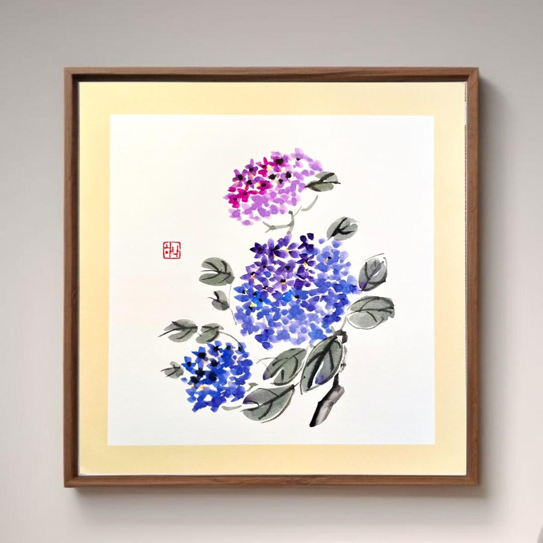 Original Korean Sumi-e Painting of Blue Purple Hydrangea, Unique ...