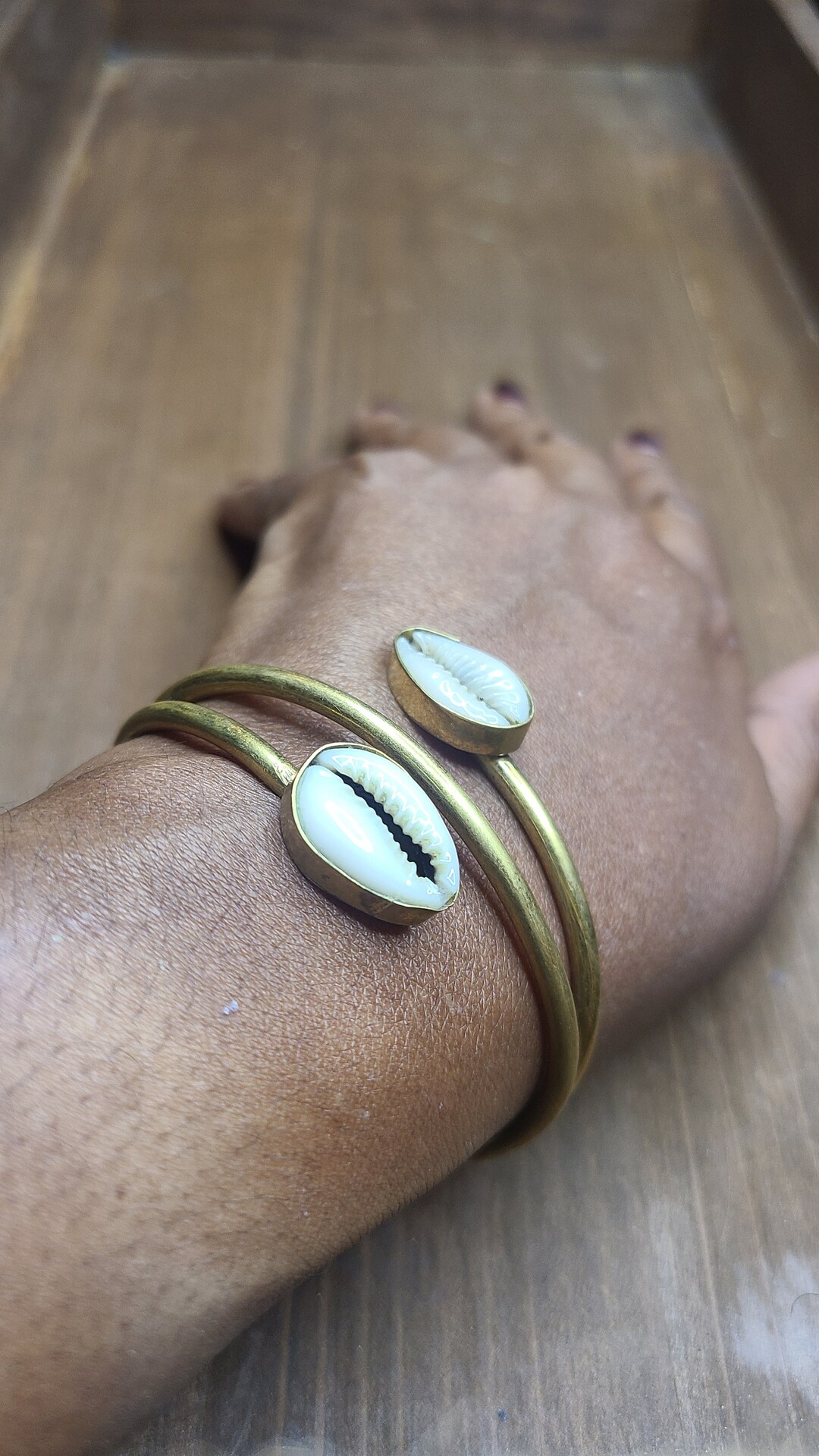 Lamu Handmade African Double Cowrie Shell and Brass Cuff Bracelet With ...