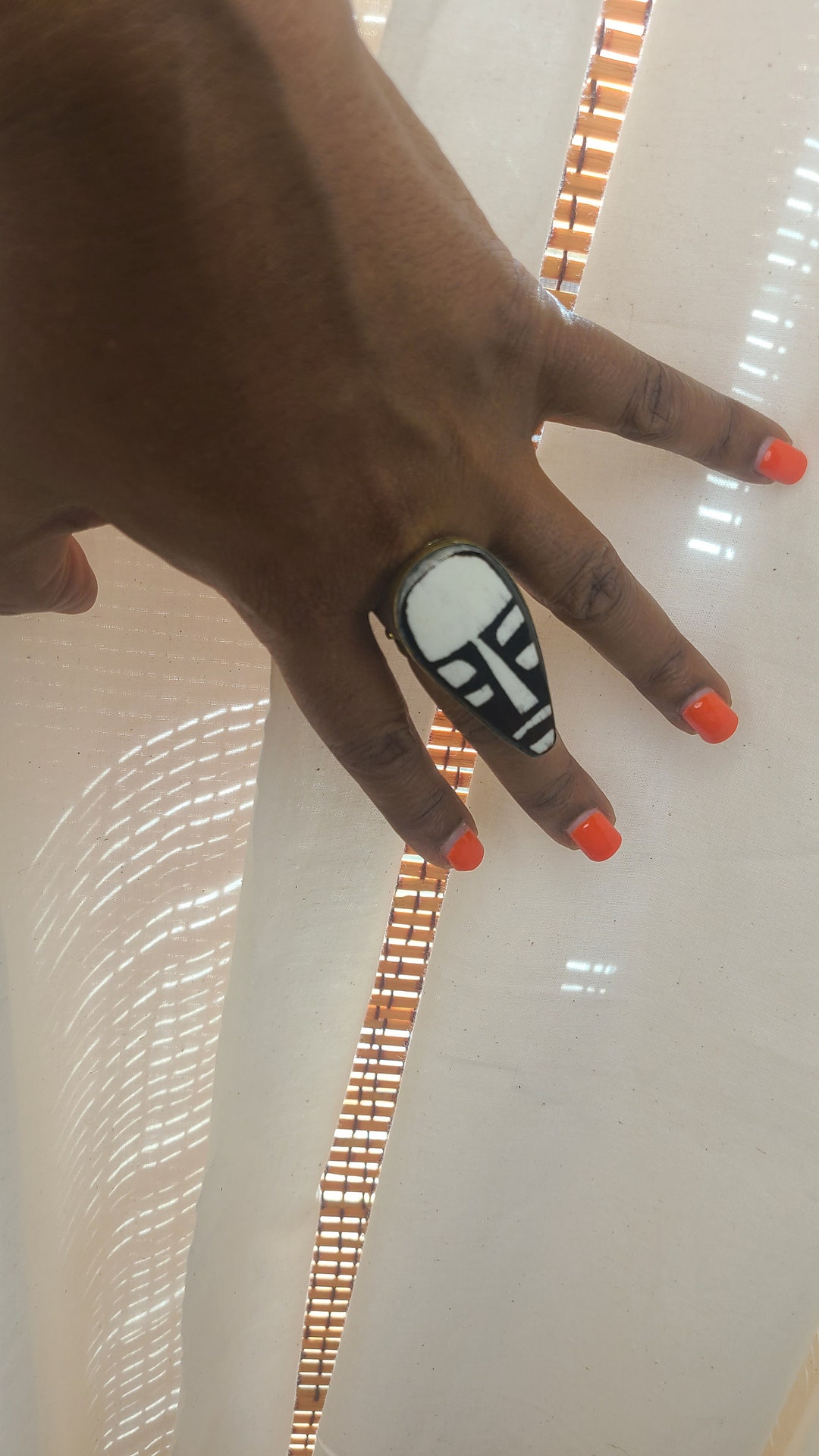 Mutu Handmade Black and White African Mask Bone Ring With a Brass ...